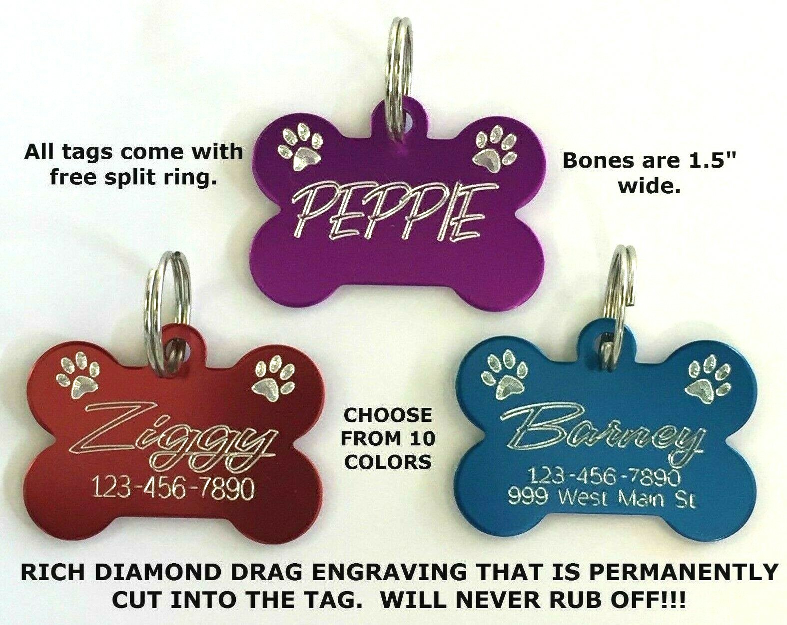 Custom Engraved Bone Paw Print Pet Tag Dog Cat ID Name Animal -10 ...