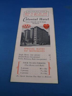 BROCHURE FLYER COLONIAL WASHINGTON D.C. HOTEL RATES ROAD MAP COPYRIGHT ...