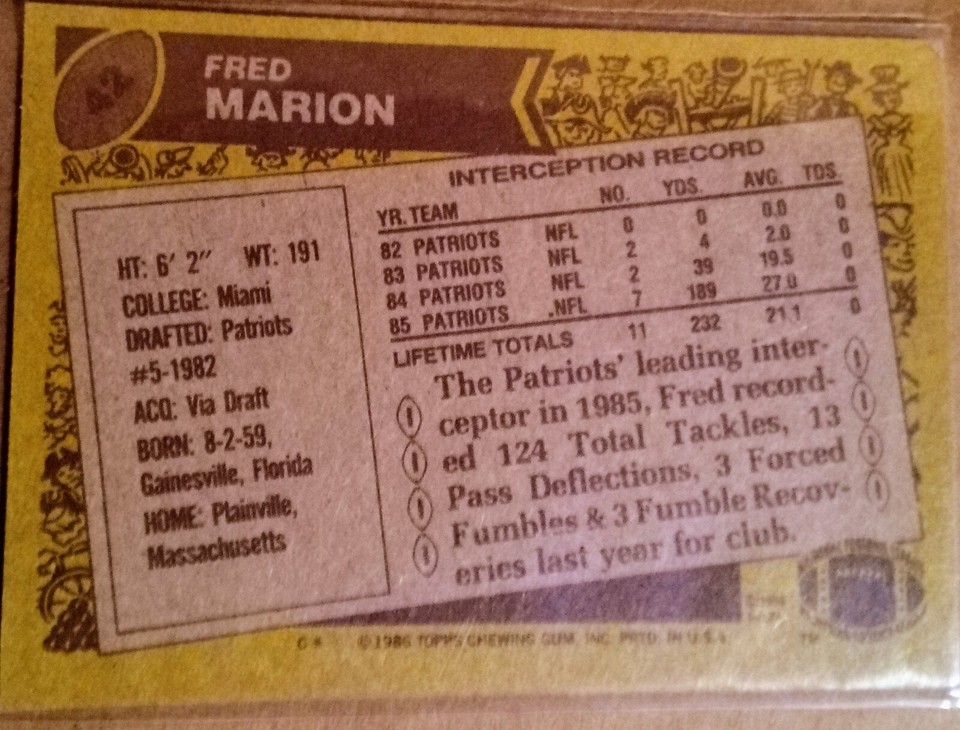 1986 Topps Football #42 Fred Marion New England Patriots 🏈 Miami ...