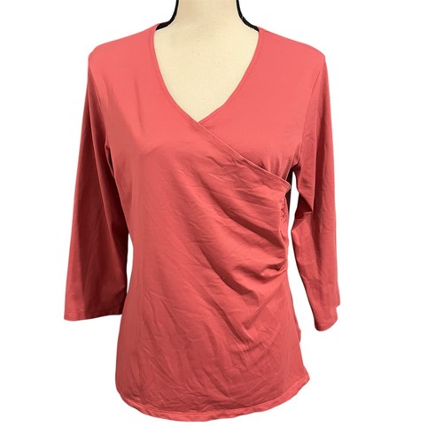 Title Nine Women's Pink Coral 3/4 Sleeve Stretchy Faux Wrap Top Sz L ...