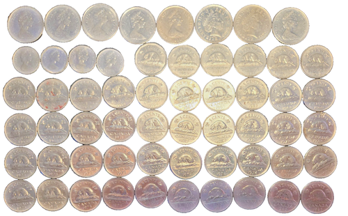 Canadian Coin Collection Lot, 57 Coins in All. 8 Quarters 4 Dimes and ...