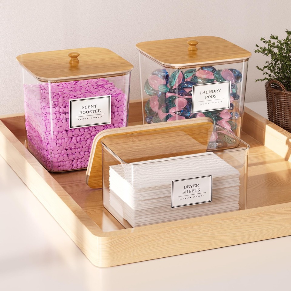 HomePekite Clear Laundry Pods & Detergent Storage Container w/ Wood ...