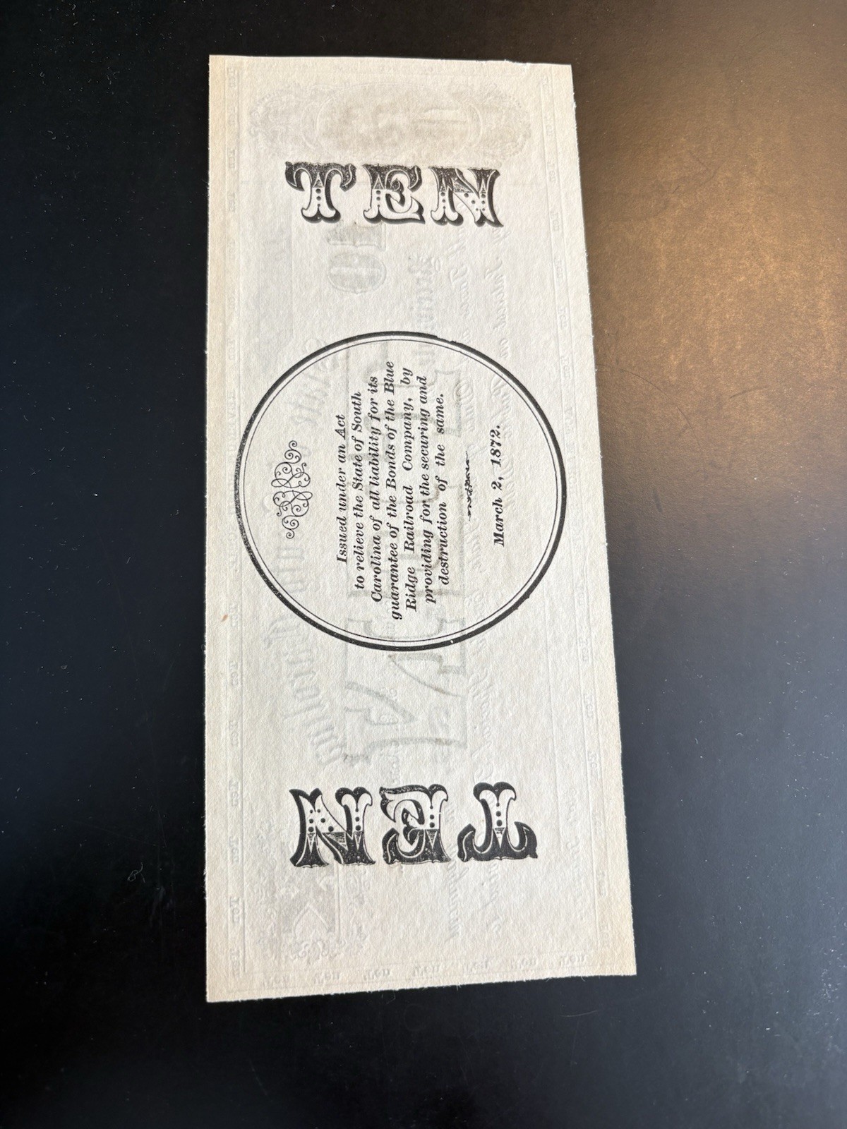 March 2, 1872 Columbia State Of South Carolina $10 Revenue Bond Scrip ...