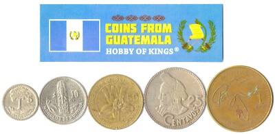 5 GUATEMALAN COINS DIFFERENT COLLECTIBLE CENTRAL AMERICA COINS FOREIGN ...