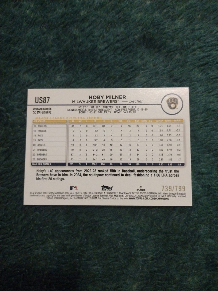 2024 Topps Update HOBY MILNER Purple Foil Board #/799 US87 Milwaukee ...