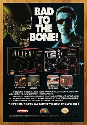1993 Terminator 2/Alien 3 SNES Vintage Print Ad/Poster Video Game Promo ...