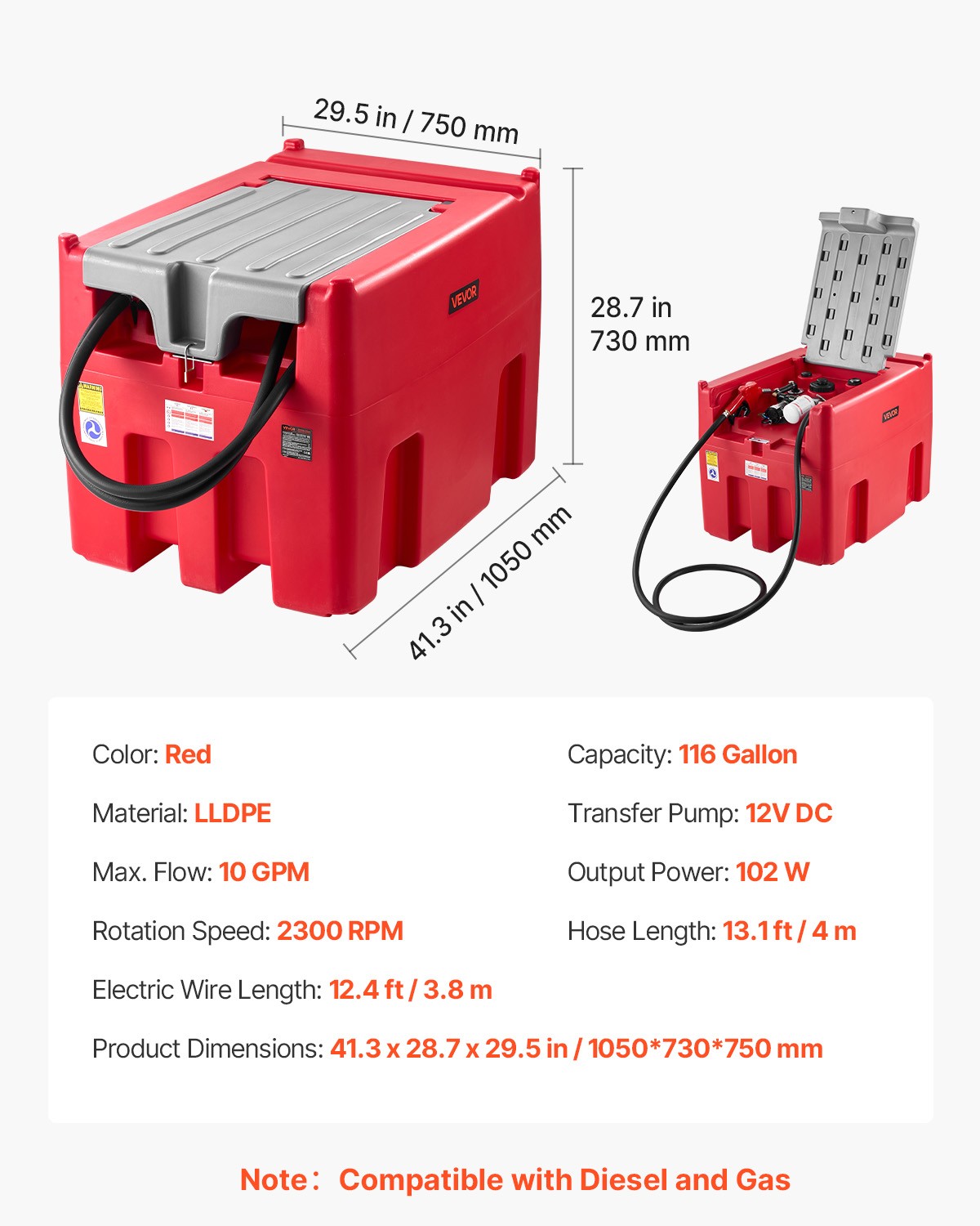 VEVOR Portable Diesel Fuel Tank 116 Gal Gasoline Storage Tank 12V ...
