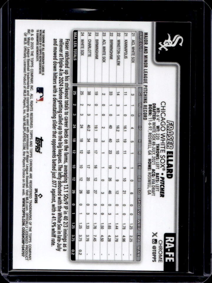 2025 Topps Chrome Fraser Ellard Rookie Auto RC Rookie #RA-FE White Sox ...