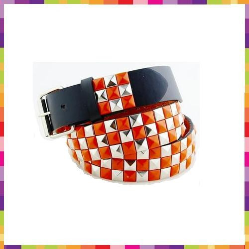 Mens Womens 3-Row Metal Pyramid Studded Leather Belt Checker Punk Rock ...