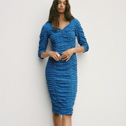 NWT Zara The Anne Ruched Textured Midi Dress in Blue Size Extra Large ...