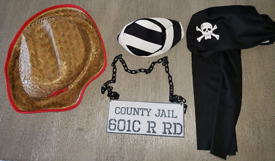 boys PRETEND PLAY LOT HALLOWEEN PIRATE COWBOY HATS JAIL CONVICT SIGN ...