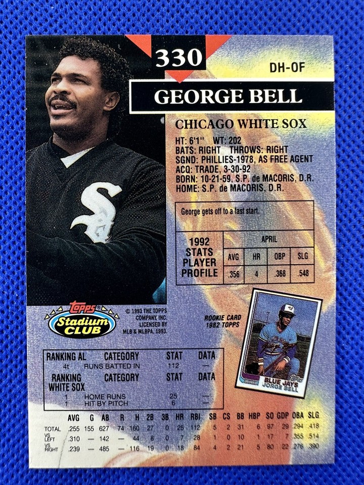 1993 #330 George Bell Topps Stadium Club Baseball Chicago White Sox | eBay