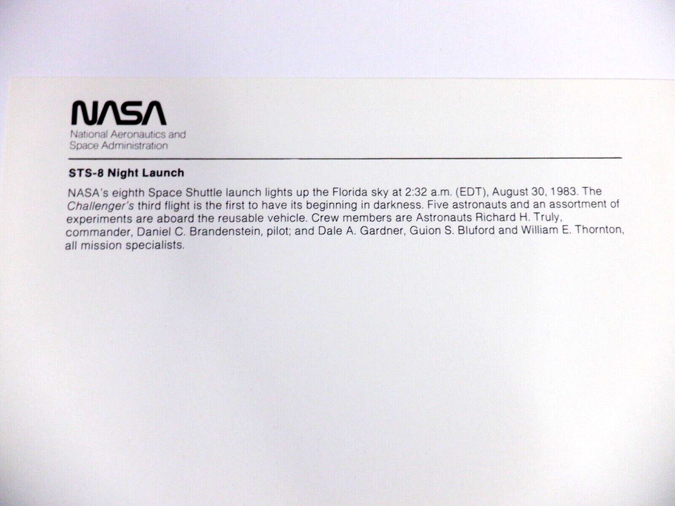 NASA 1983 Space Shuttle Challenger's STS-8 First Night Launch 8" x 10 ...