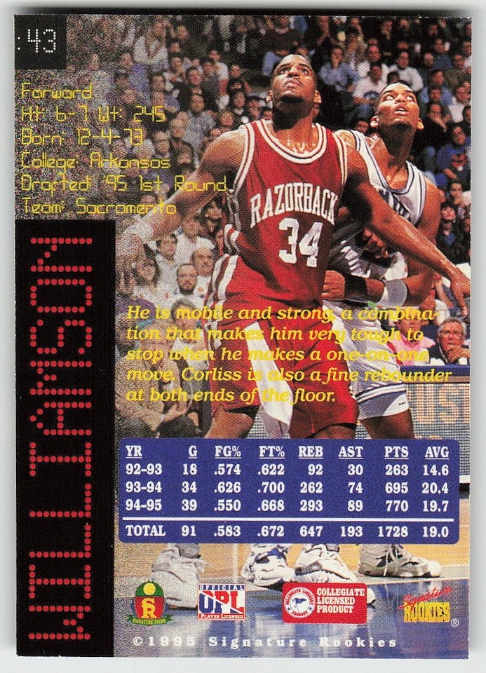 1995 Signature Rookies Prime #43 Corliss Williamson BASKETBALL Arkansas ...