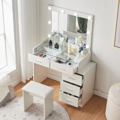 Dressing Table with LED Lighted Mirror Makeup Lady Dresser Desk Table ...