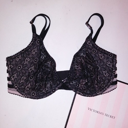 Victoria Secret Bra 32DDD Unlined Plunge Black Daisy Lace Strappy ...