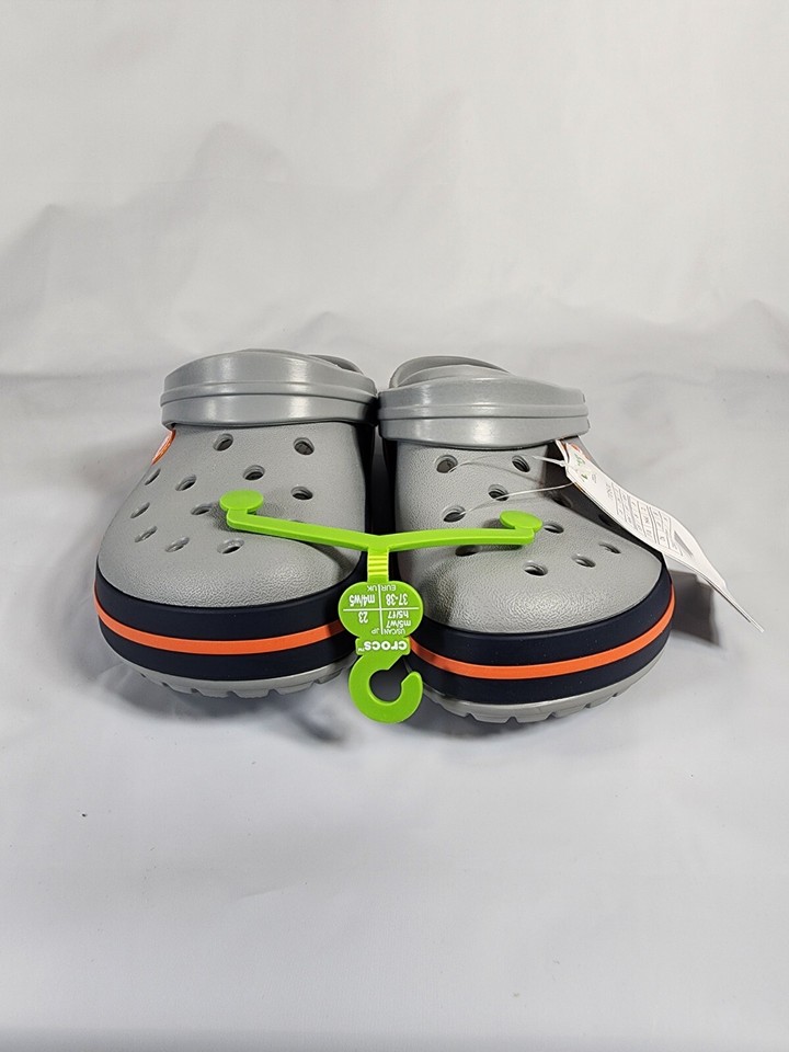 Crocs Unisex Clogs Light Grey White Orange Stripe Size Mens 5 Womens 7 ...