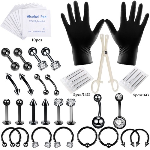 Professional Body Piercing Tool Kit Set Nose Rings Navel Ear Lip Studs ...