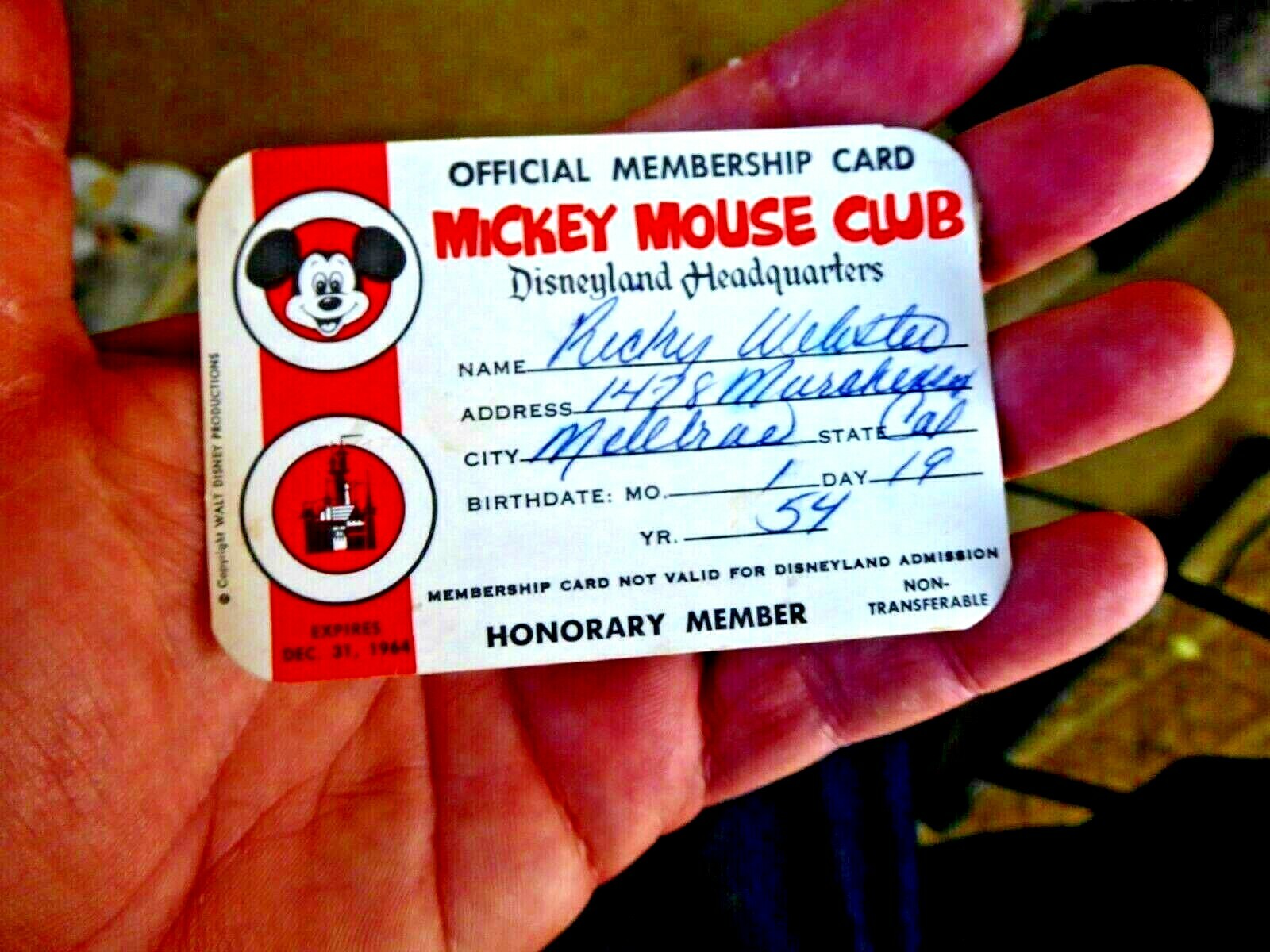 VINTAGE MEMBERSHIP CARD DISNEYLAND HEADQUARTERS MICKEY MOUSE CLUB 1964 ...