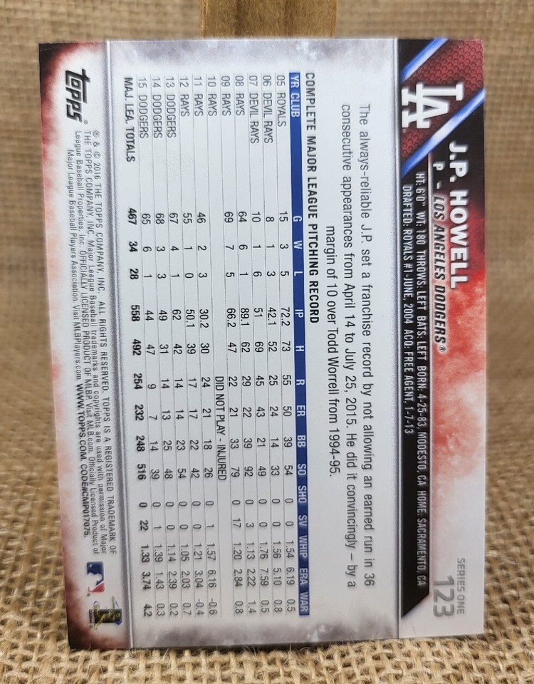 2016 Topps Series 1 JP Howell Baseball Card #123 Dodgers FREE S&H A8 | eBay