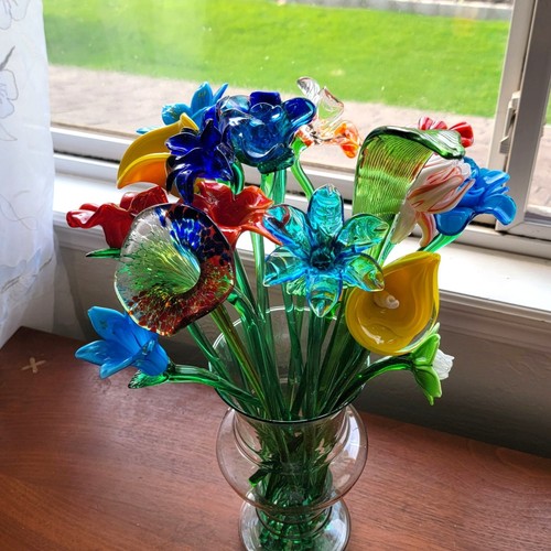Vtg Murano Art Glass Flower Bouquet Lot Long Stemmed 18 Hand Blown 19 ...