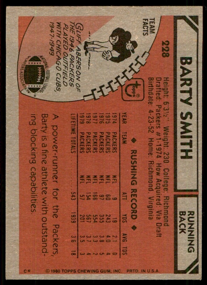 1980 Topps Barty Smith Football Card Green Bay Packers #228 | eBay