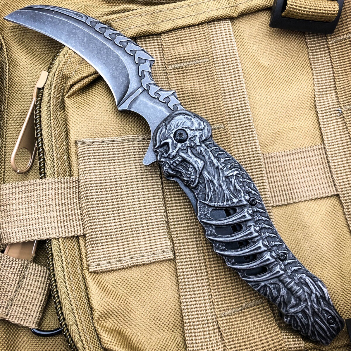 8.25" Tactical Stonewash Grim Reaper Skull Skeleton Spring Assist ...