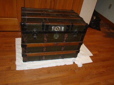 Vtg Original WOOD STEAMER TRUNK w/ Tray Coffee Table Storage Box Toy ...