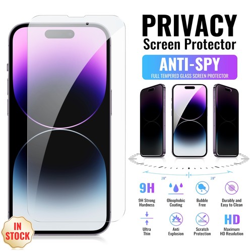 2x Privacy Glass Screen Protector Anti-Spy For iPhone 14 13 12 Pro Max ...