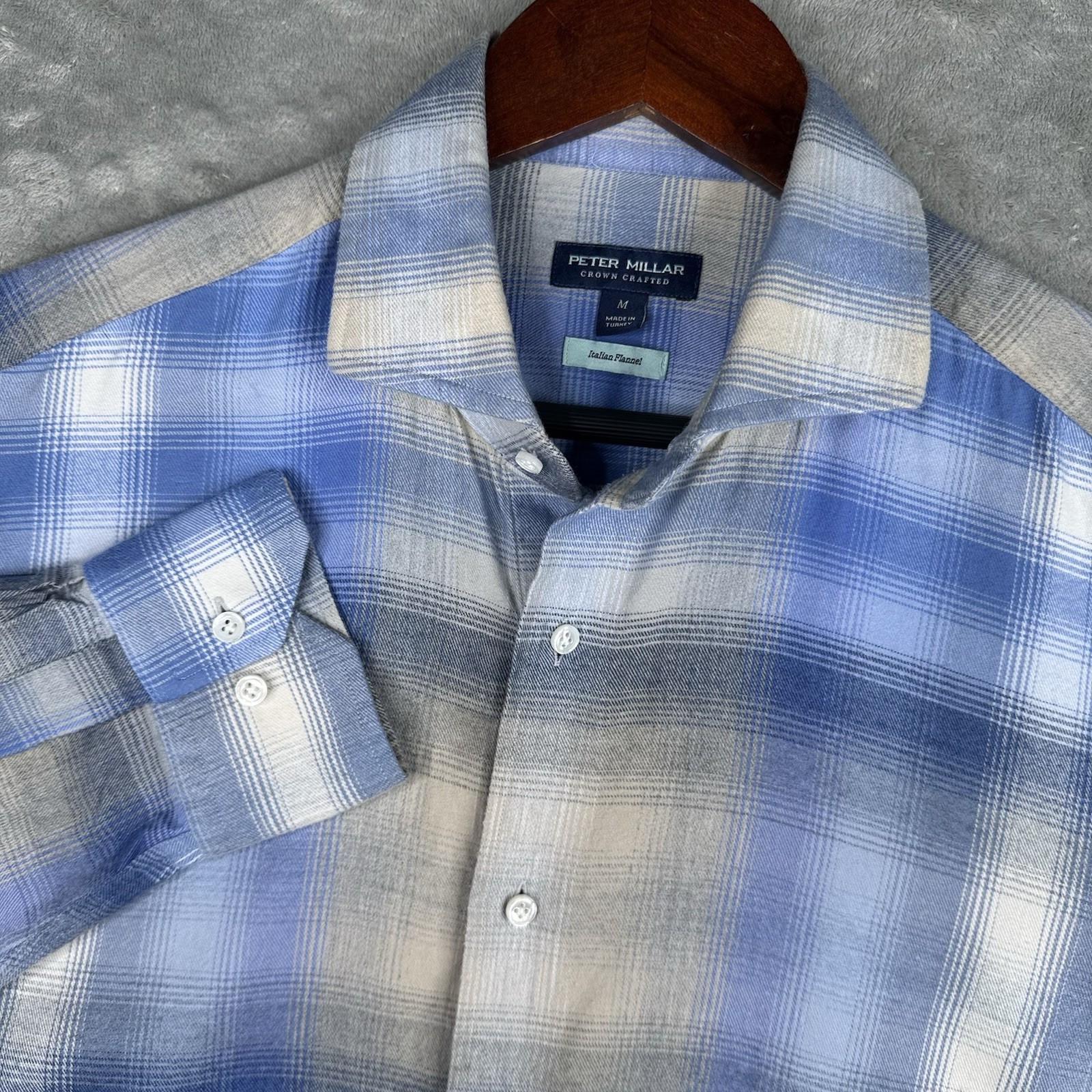 Peter Millar Goodman Italian Flannel Plaid Shirt Mens M Blue Grey Cozy ...