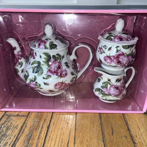NIB - Kent Pottery Tea Pot Sugar & Creamer set Pretty Violets Spring ...