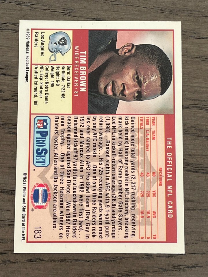 1989 Pro Set Tim Brown Rookie Card #183 Oakland Raiders (A) | eBay