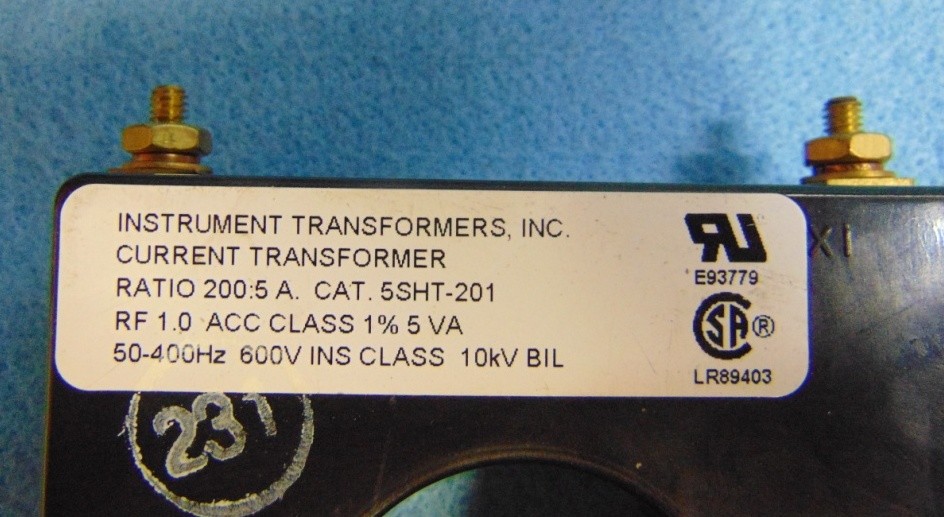 CURRENT TRANSFORMER E93779, LR89403, RATIO 200:5A, CAT. 5SHT-201, **LOT ...