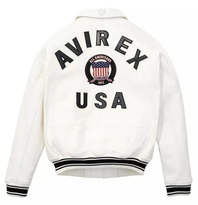 Men Avirex White Real Bomber American Flight Jacket PU Leather Jacket ...