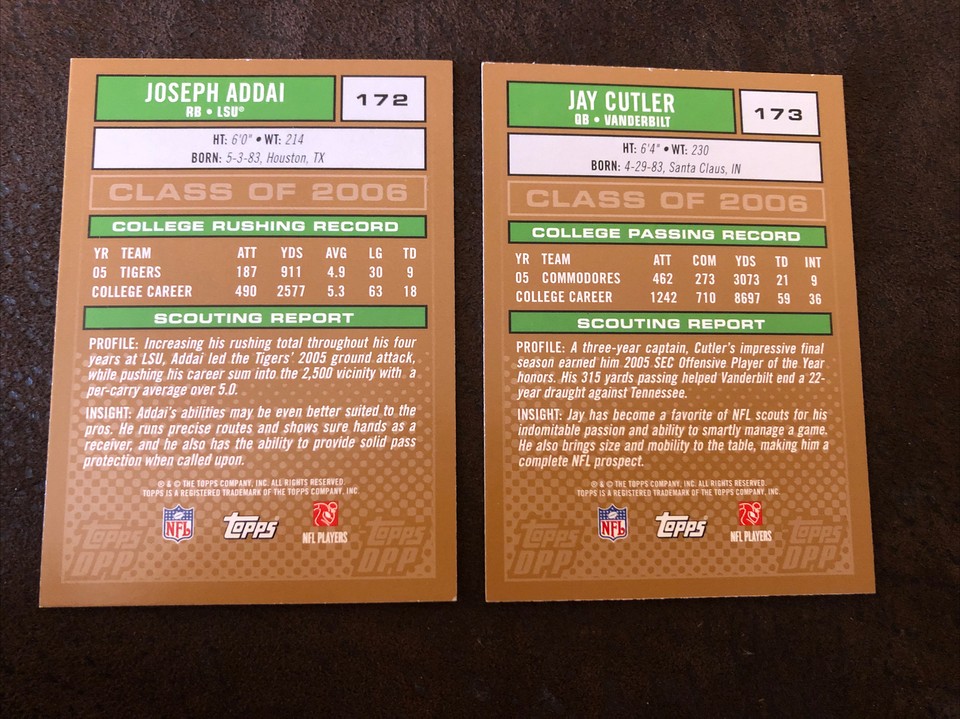 (2) 2006 Topps DPP RC Rookie Cards Joseph Addai #172 & Jay Cutler #173 ...