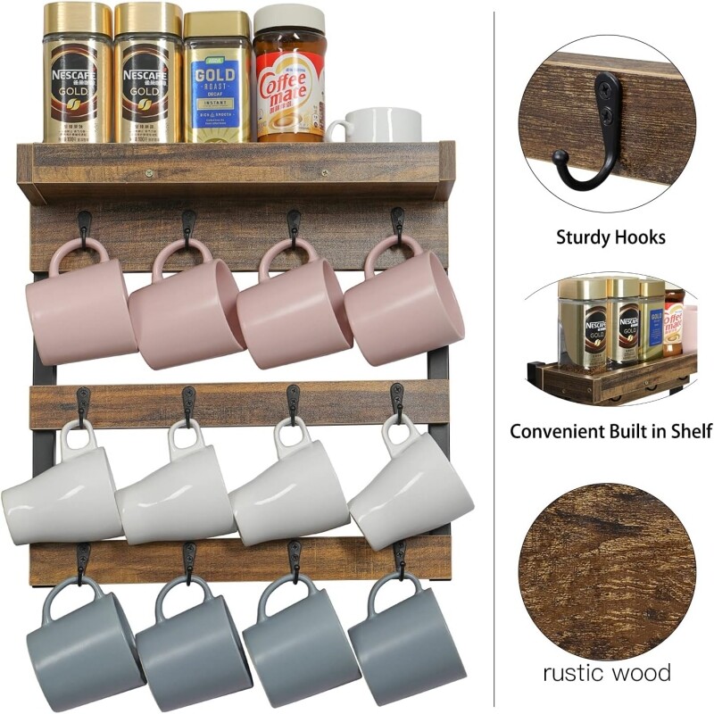 Rustic Mug Rack Cup Holder Wall Mounted with Open Shelves & 12 Sturdy ...