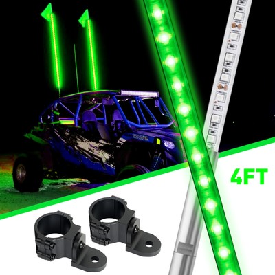 2x 4ft Green Lighted LED Whip Antennas w/ Brackets For UTV ATV Polaris ...