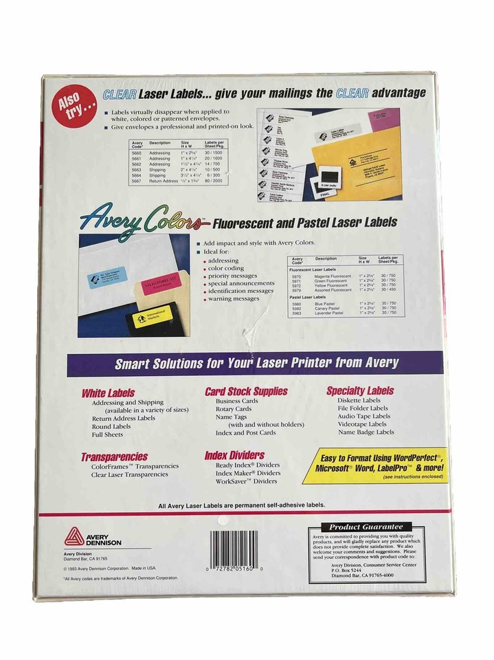Avery 5160 Laser Labels Ideal For Addressing 1”x2 5/8” 120 Sheets 3600 ...