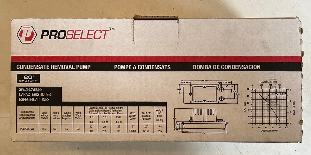 Proselect condensate pump pscpv20lpws 554969 20' Shutoff 115v | eBay