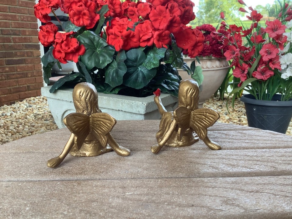 Fairy Figurines Cast Iron Pair Gold with Butterfly Wings with Red Bird ...