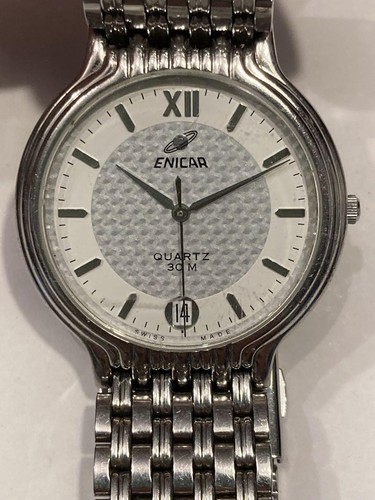 Enicar Mens Quartz Dress Watch 34mm Stainless Steel Case Original Band ...