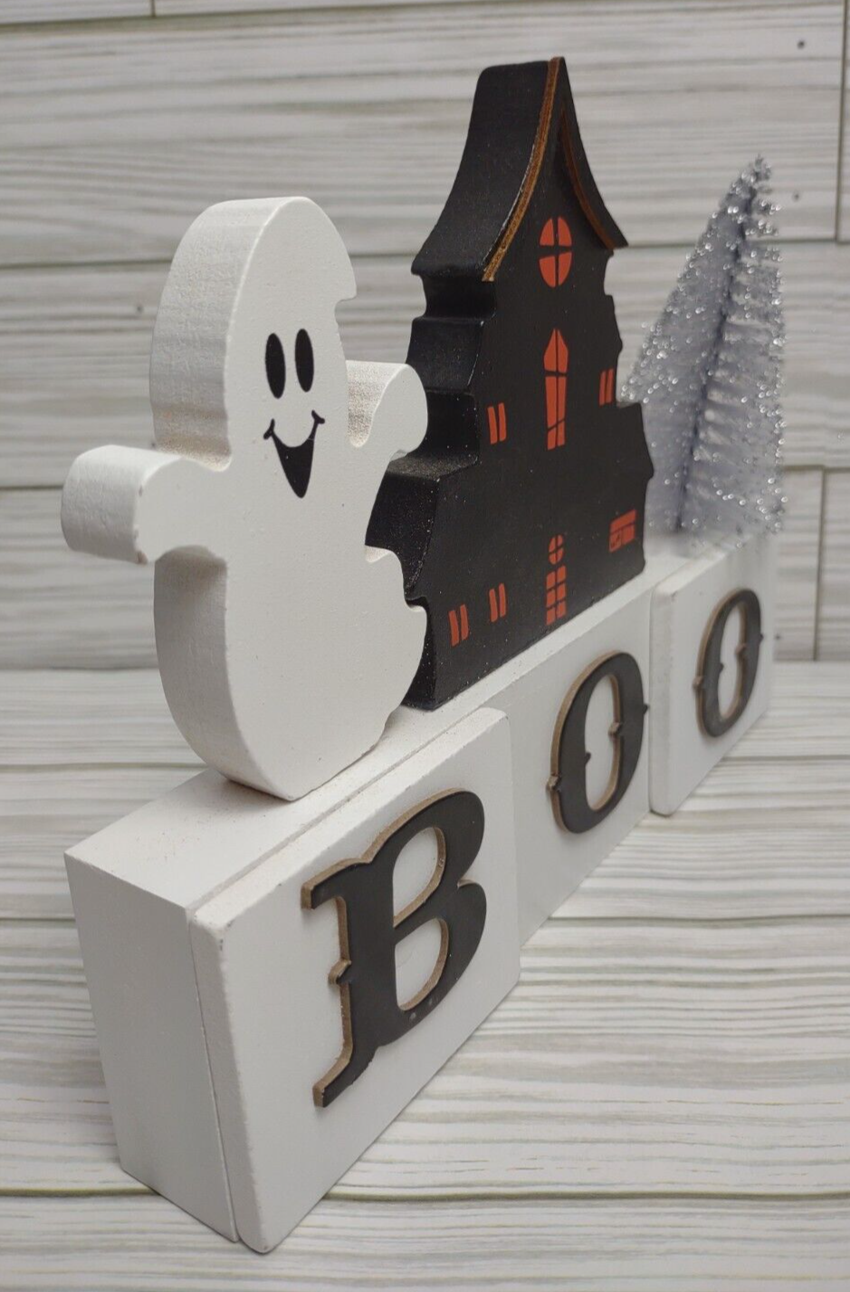 Ghost Boo Halloween Village Decor Wood Haunted House Tinsel Tree ...