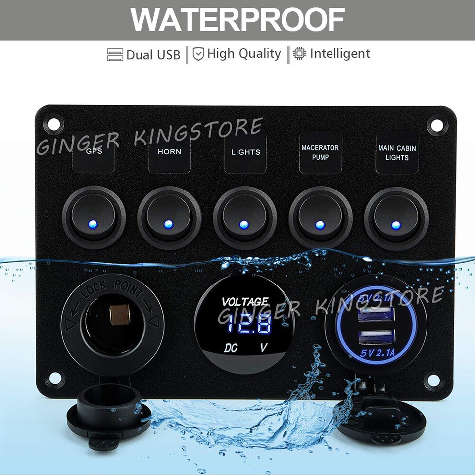 5 Gang 12V Switch Panel LED Light Rocker Circuit Breaker For Car RV ...
