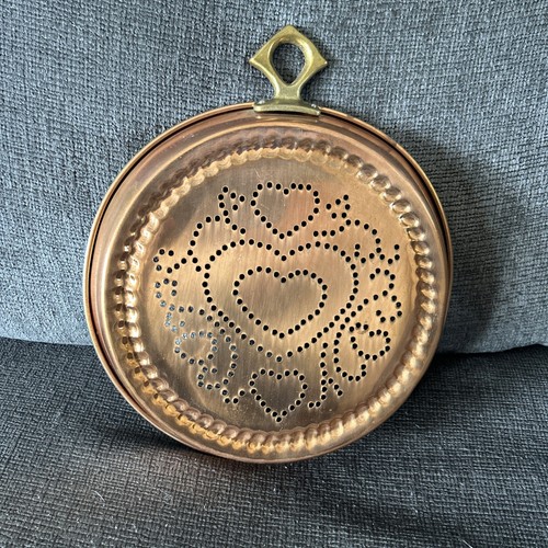 Copper Punched Heart Design Colander Wall Hanging Brass Loop 8.75 ...