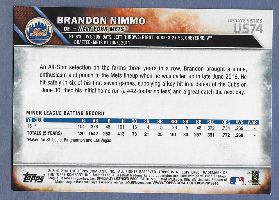 2016 Topps Update #US74 Brandon Nimmo Rookie Card Mets | eBay