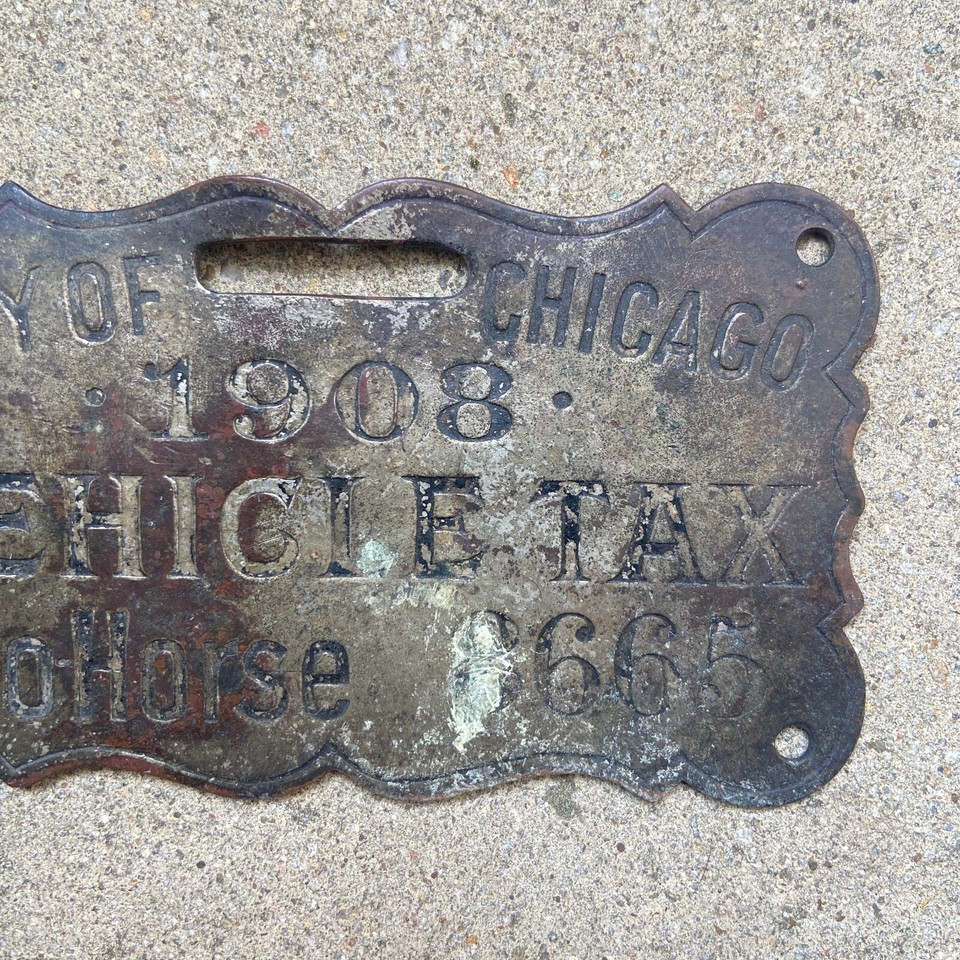 1908 Chicago 2 Horse Vehicle License Plate Tag Fob 8665 Illinois ...