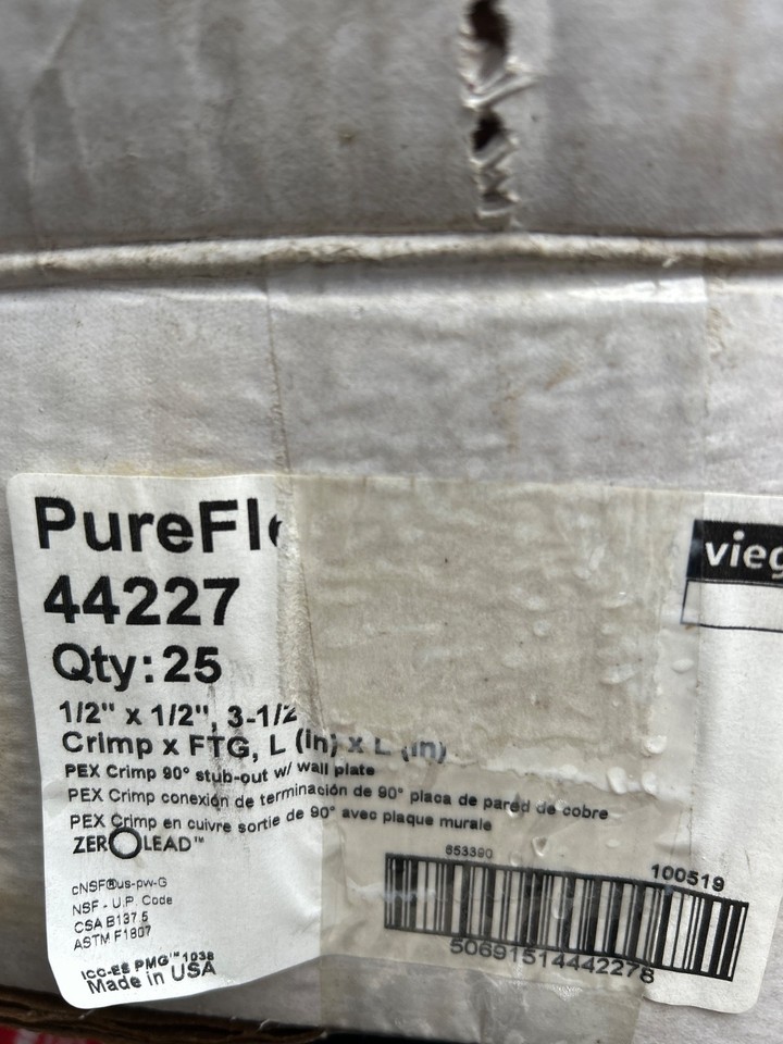 Viega 44227, PureFlow 1/2 x 1/2, 3.5" x 6" PEX Stub Out with Wall Plate ...