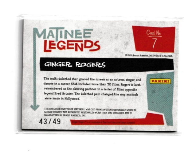 2011 Panini GINGER ROGERS No. 7 Fabric Matinee Legends 43/49 card | eBay