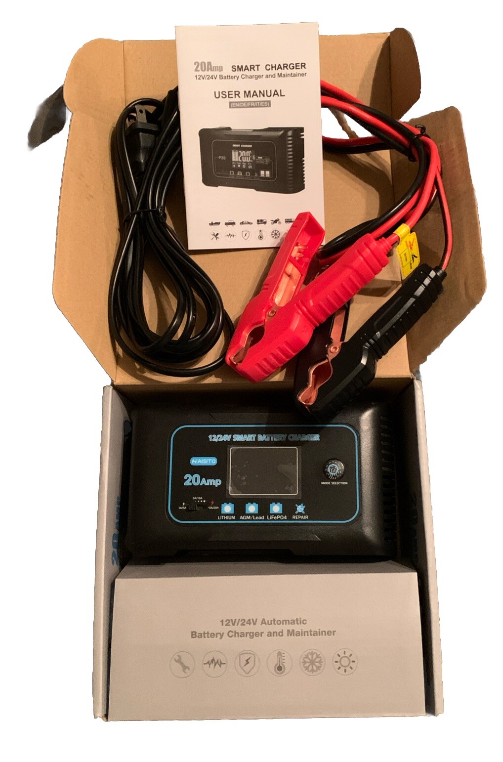 Haisito 20 Amp 12v/24v Smart Battery Charger Lithium Lead-Acid LIFePO4 ...