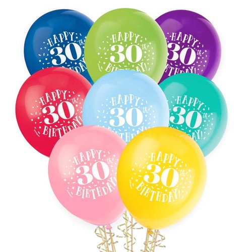 Assorted Coloured Red Blue Yellow Pink Green Etc Latex 8 Balloons 30th ...